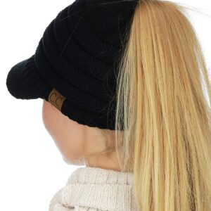 C.C BeanieTail Warm Knit Messy High Bun Ponytail Visor Beanie Cap, Black