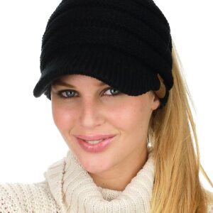 C.C BeanieTail Warm Knit Messy High Bun Ponytail Visor Beanie Cap, Black