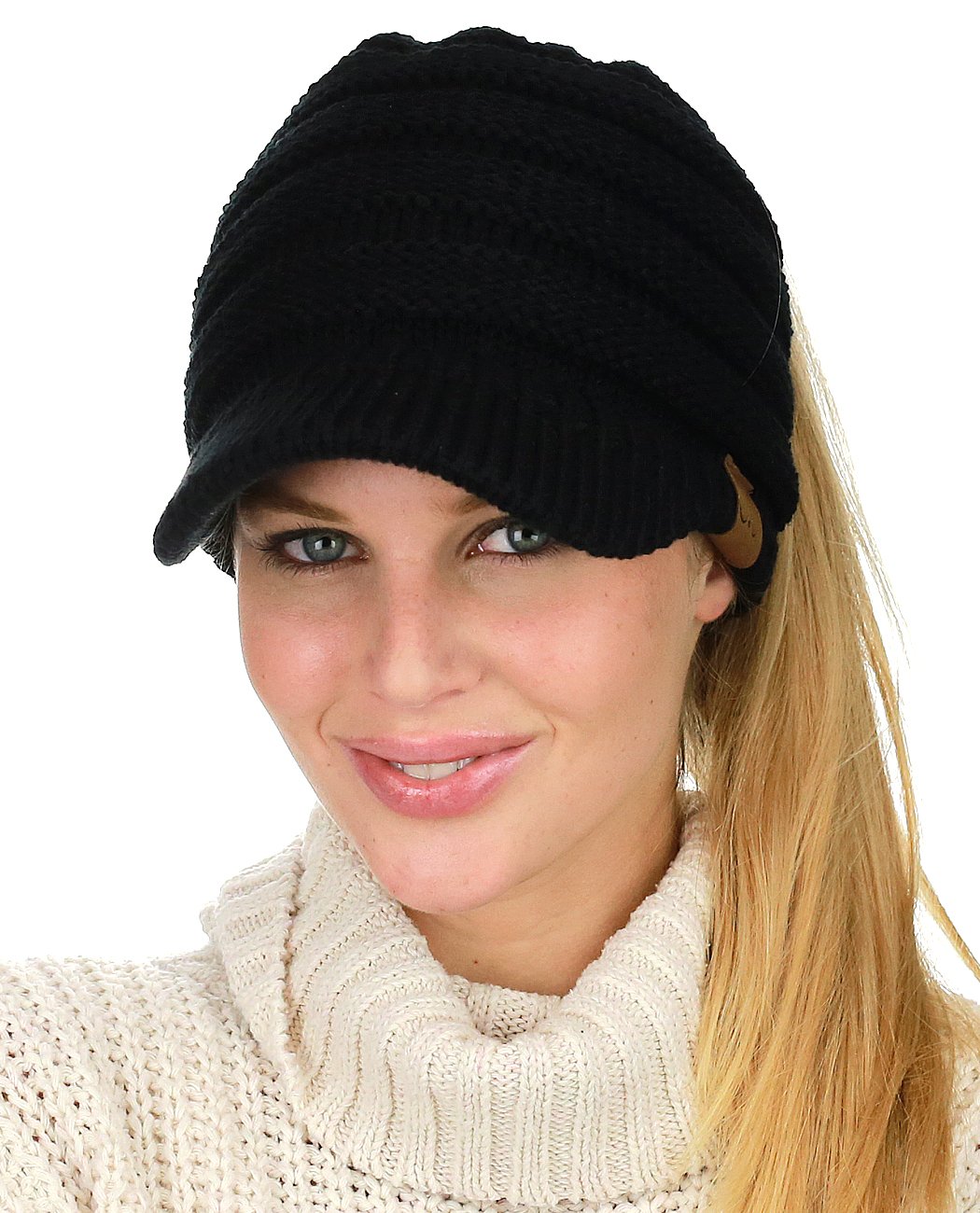 C.C BeanieTail Warm Knit Messy High Bun Ponytail Visor Beanie Cap, Black