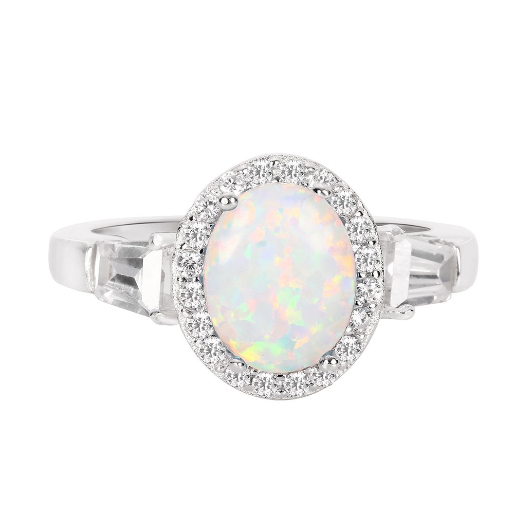 CloseoutWarehouse Oval Cubic Zirconia Halo Ring Sterling Silver (Comes in Colors) (White Simulated Opal, 15)