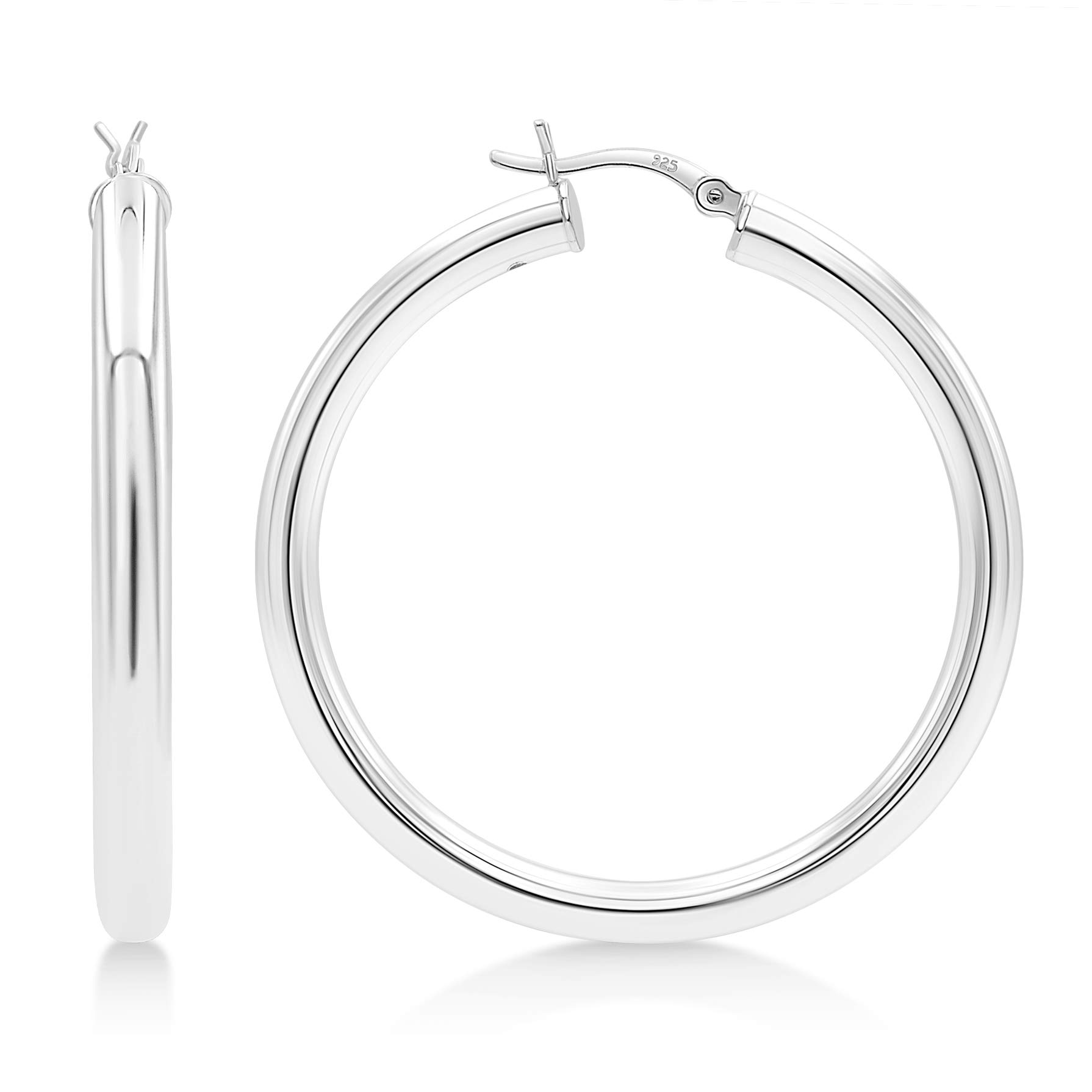 KEZEF Sterling Silver Hoop Earrings for Women, Girls and Men | 4mm High Polished Lightweight Silver Hoops | 45mm Diameter | Chunky Hoop Earrings