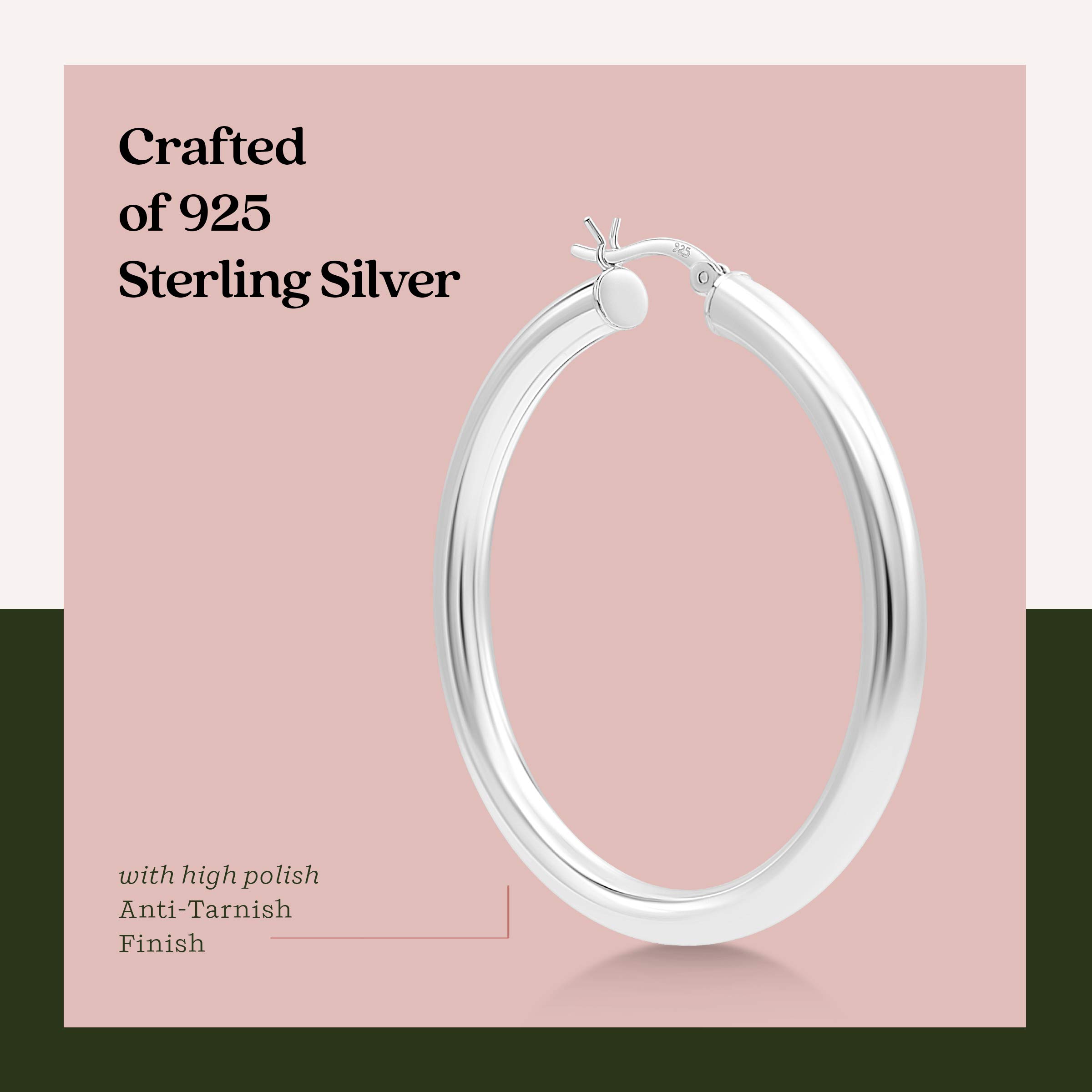 KEZEF Sterling Silver Hoop Earrings for Women, Girls and Men | 4mm High Polished Lightweight Silver Hoops | 45mm Diameter | Chunky Hoop Earrings