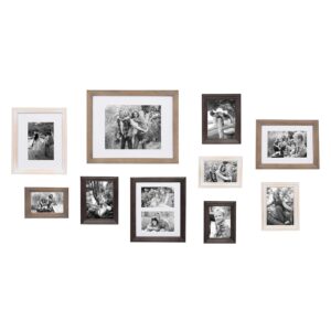 kate and laurel bordeaux gallery wall kit, set of 10 with assorted size frames in 3 different finishes - white wash, charcoal gray, and rustic gray