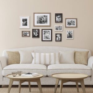 Kate and Laurel Bordeaux Gallery Wall Kit, Set of 10 with Assorted Size Frames in 3 Different Finishes - White Wash, Charcoal Gray, and Rustic Gray