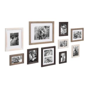 Kate and Laurel Bordeaux Gallery Wall Kit, Set of 10 with Assorted Size Frames in 3 Different Finishes - White Wash, Charcoal Gray, and Rustic Gray