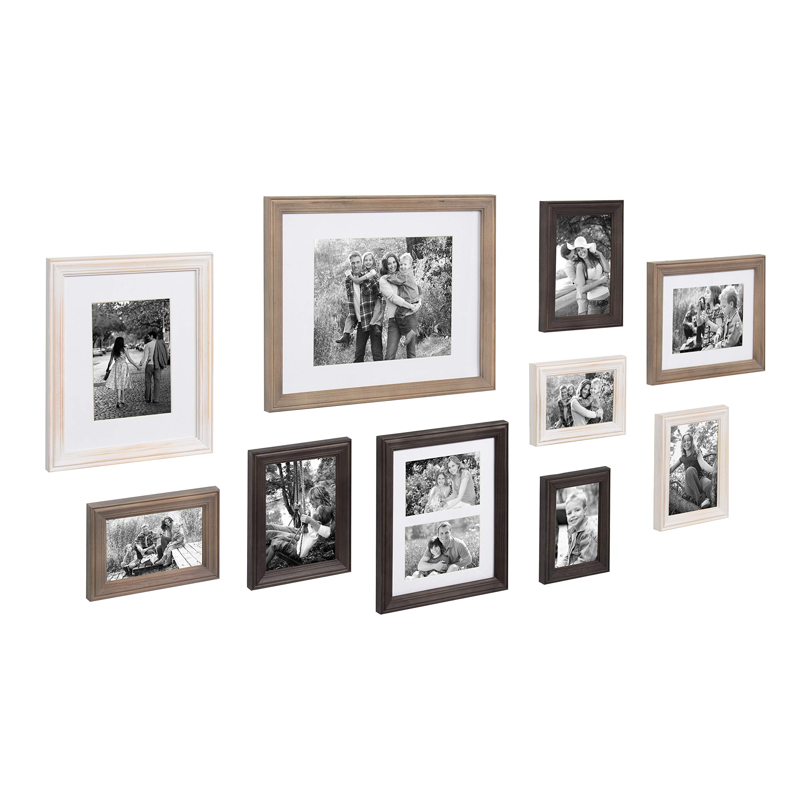 Kate and Laurel Bordeaux Gallery Wall Kit, Set of 10 with Assorted Size Frames in 3 Different Finishes - White Wash, Charcoal Gray, and Rustic Gray