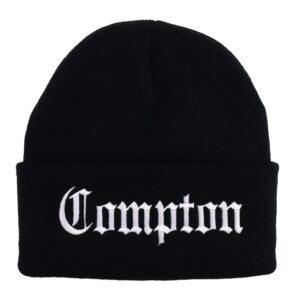 trendy apparel shop compton old english font embroidered long cuff beanie- black,one size