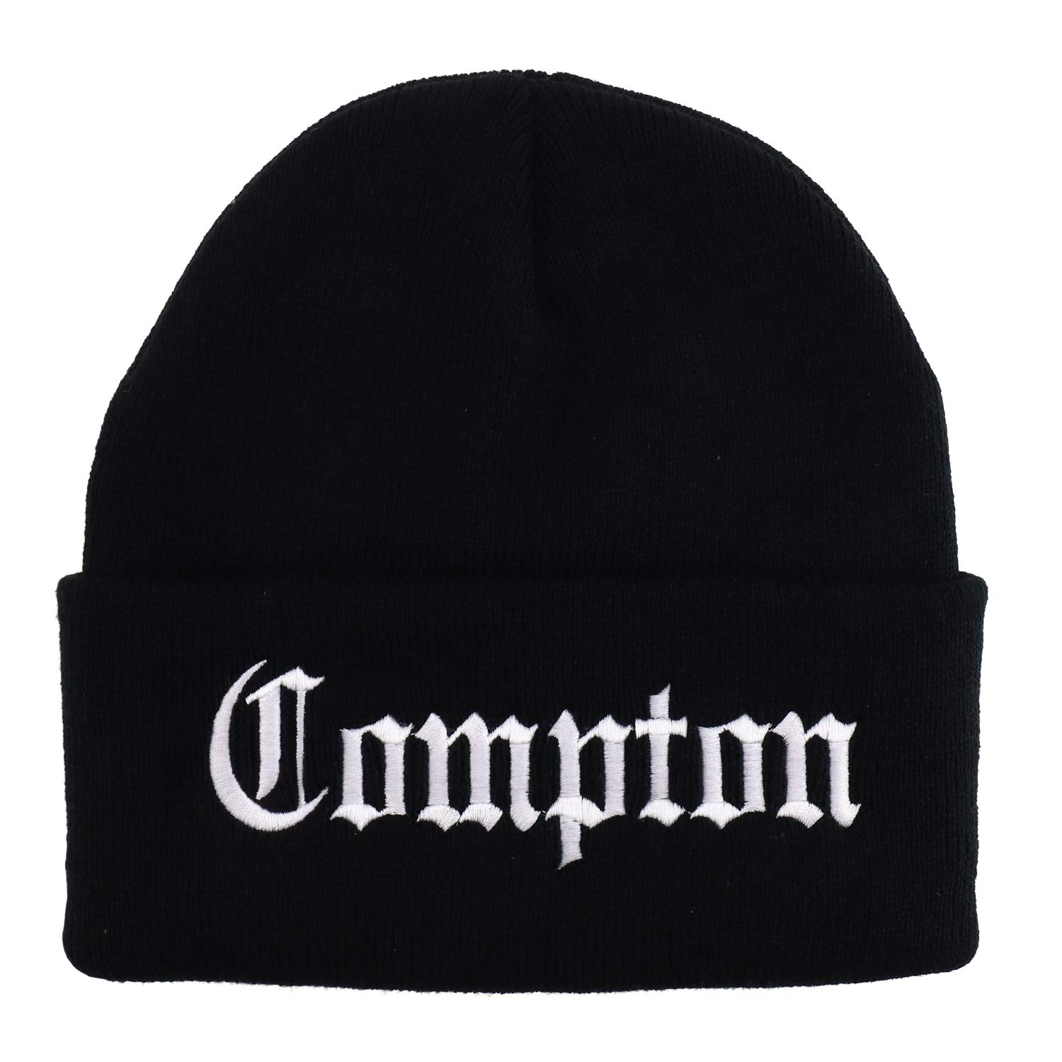 Trendy Apparel Shop Compton Old English Font Embroidered Long Cuff Beanie- Black,One Size