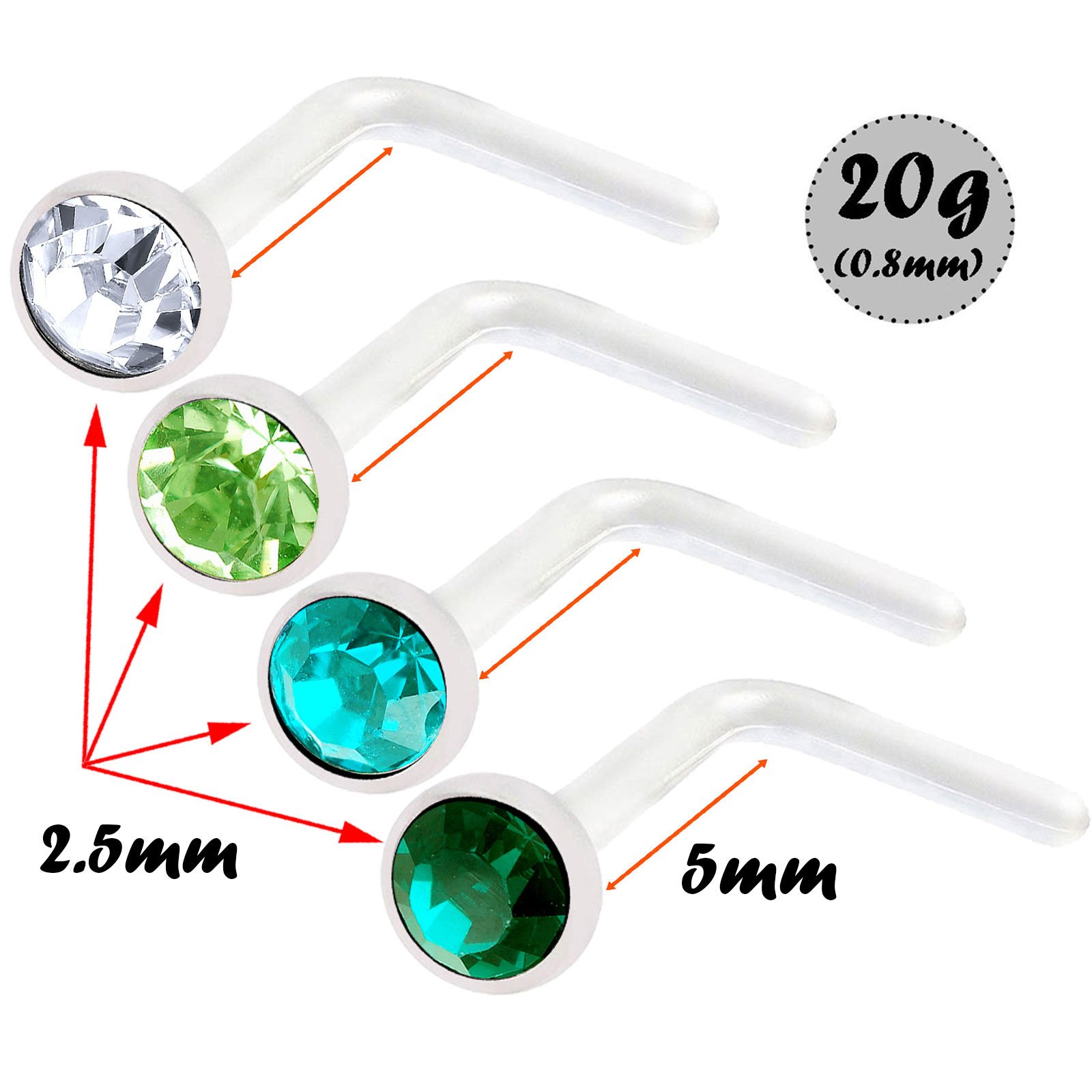 bodyjewellery 4pcs 20g 0.8mm Nose Studs L Shaped Flexible Acrylic Nostril Screw Rings Piercing 2.5mm Crystal BOAP CR BZ PE ER