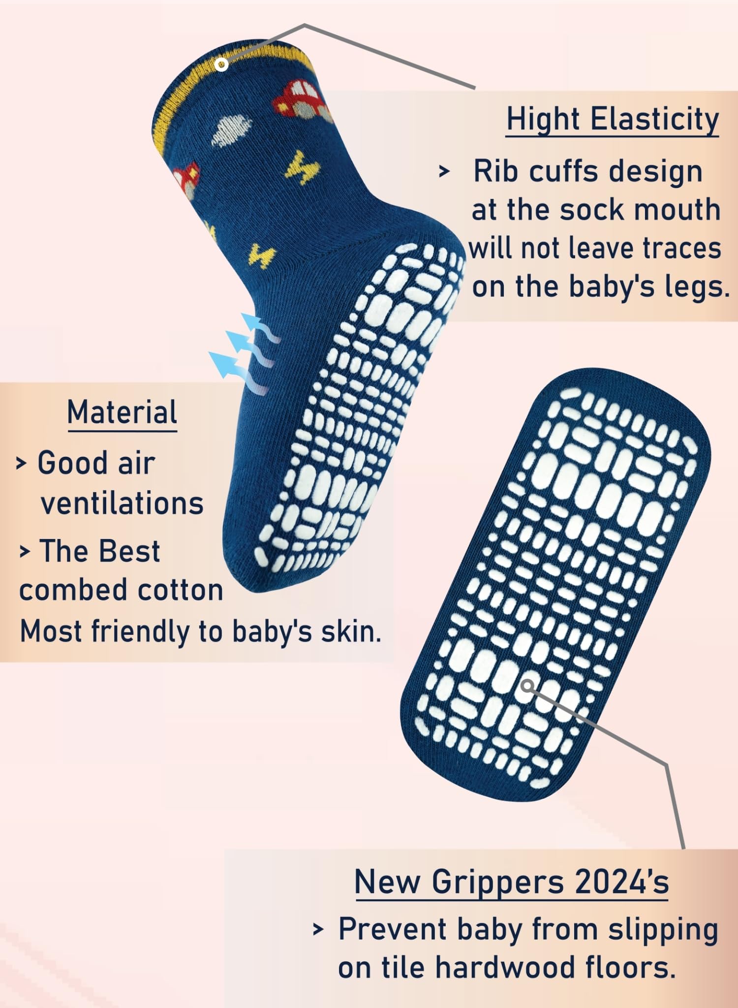 RATIVE Non Skid Anti Slip Slipper Cotton Crew Socks With Grips For Baby Toddlers Kids Boys (3-5T, 6-pairs/RB-711)