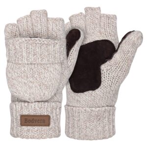 bodvera thermal insulation fingerless texting wool gloves for women and men winter warm knitted convertible mittens flap