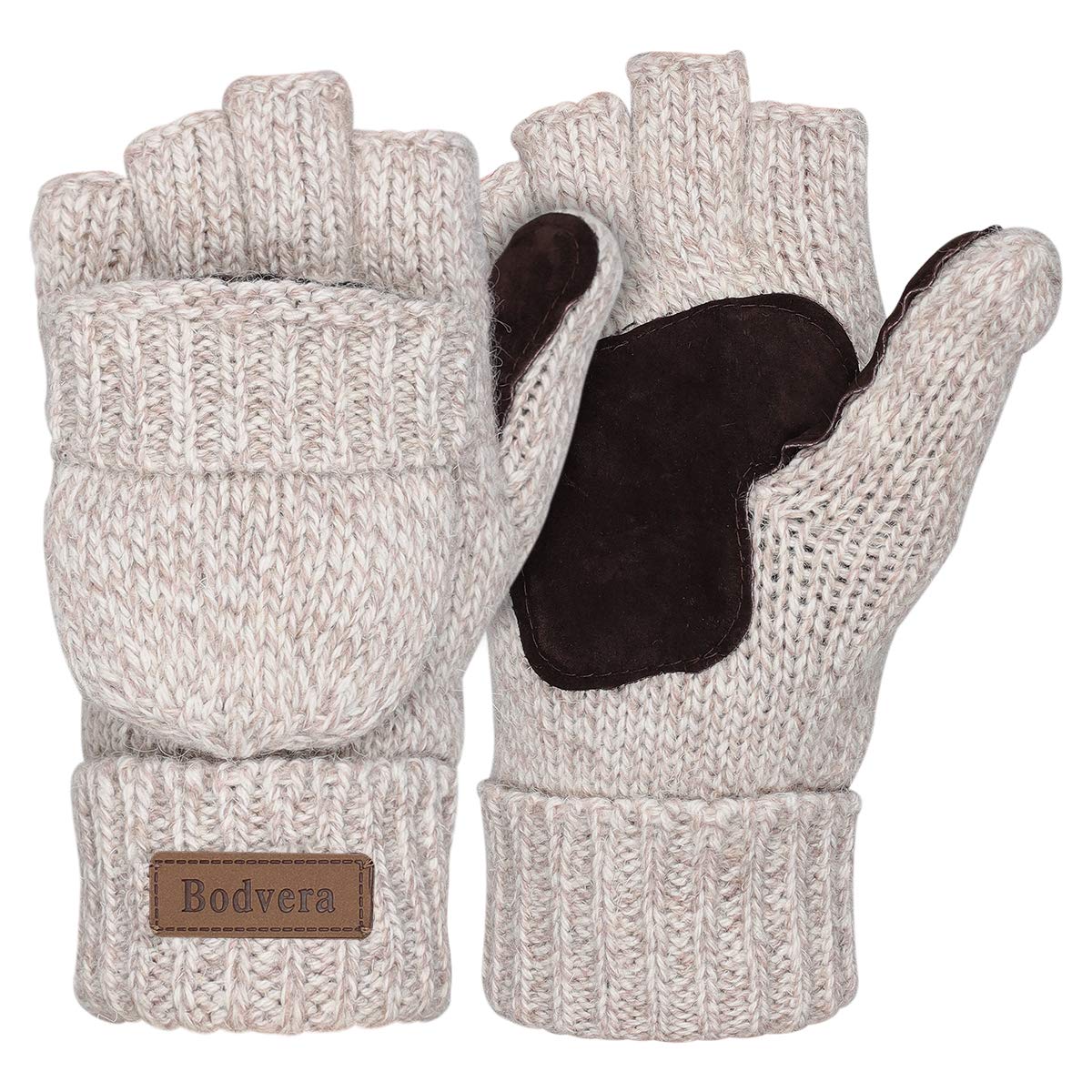 Bodvera Thermal Insulation Fingerless Texting Wool Gloves for Women and Men Winter Warm Knitted Convertible Mittens Flap