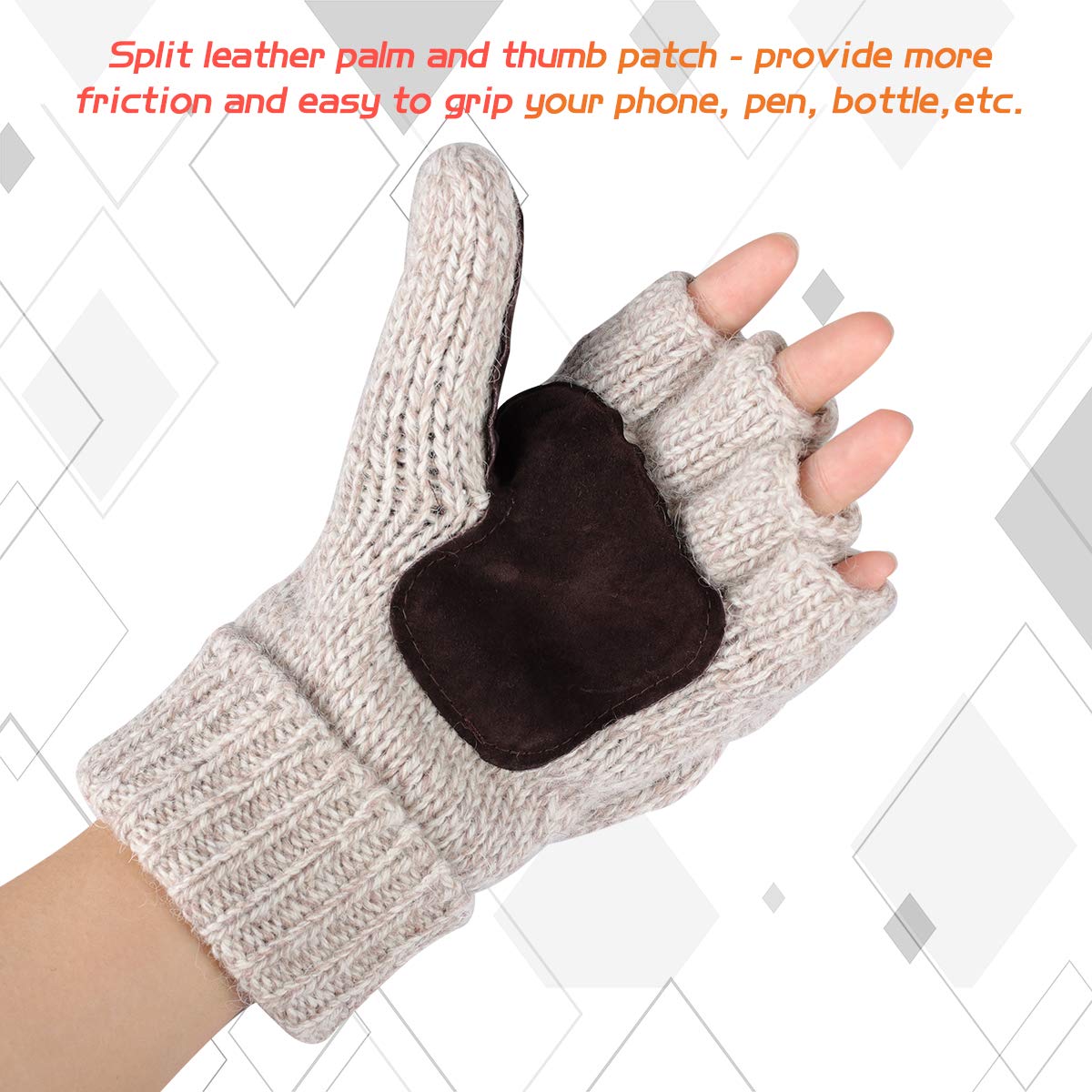 Bodvera Thermal Insulation Fingerless Texting Wool Gloves for Women and Men Winter Warm Knitted Convertible Mittens Flap