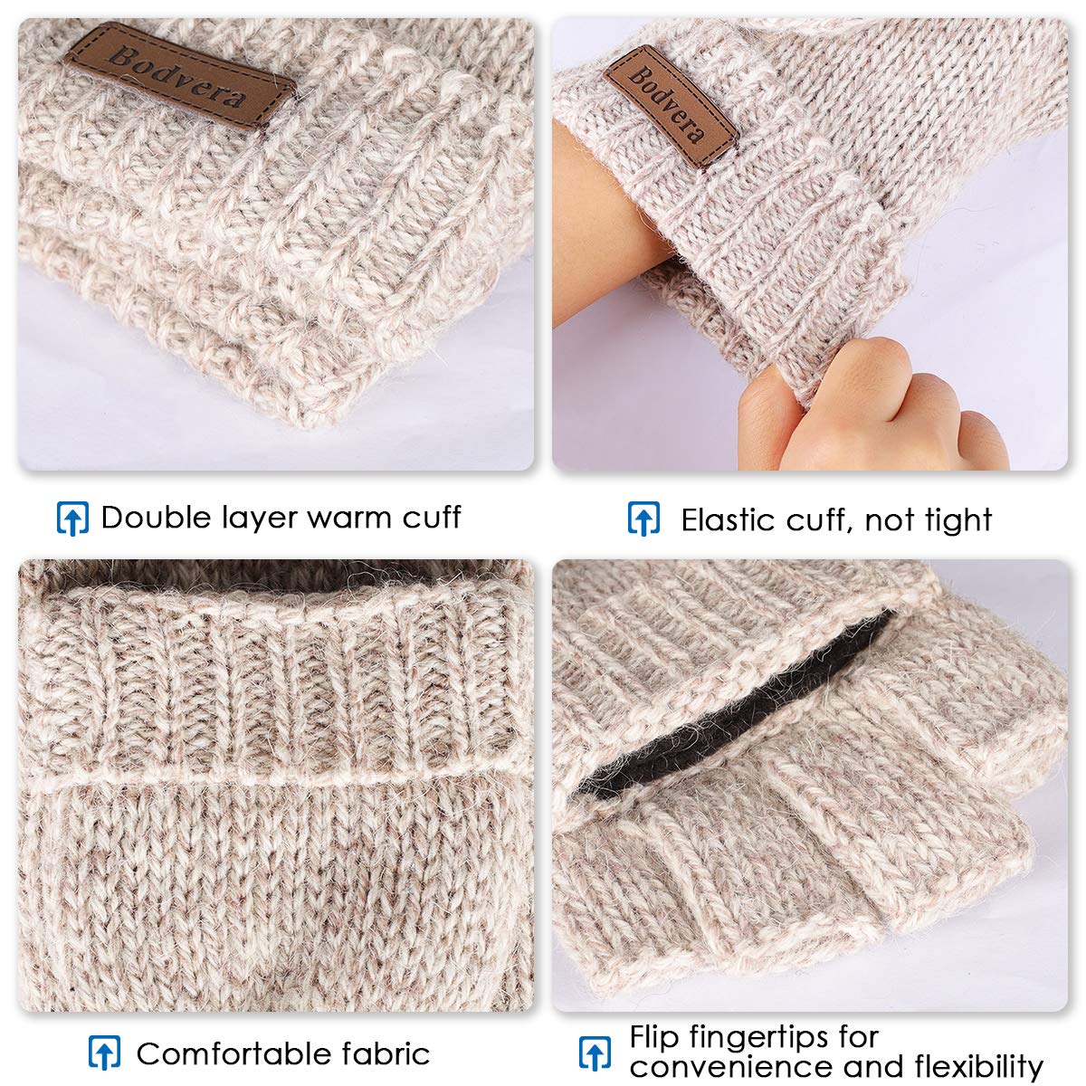 Bodvera Thermal Insulation Fingerless Texting Wool Gloves for Women and Men Winter Warm Knitted Convertible Mittens Flap