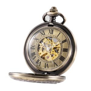 treeweto automatic mechanical pocket watch magnifier case steampunk skeleton roman numerals dial for men women bronze