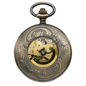 TREEWETO Automatic Mechanical Pocket Watch Magnifier Case Steampunk Skeleton Roman Numerals Dial for Men Women Bronze