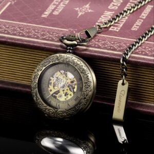 TREEWETO Automatic Mechanical Pocket Watch Magnifier Case Steampunk Skeleton Roman Numerals Dial for Men Women Bronze