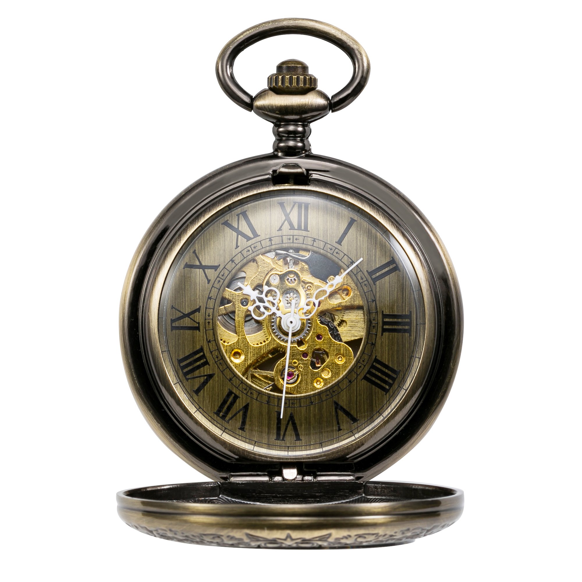 TREEWETO Automatic Mechanical Pocket Watch Magnifier Case Steampunk Skeleton Roman Numerals Dial for Men Women Bronze