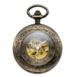 TREEWETO Automatic Mechanical Pocket Watch Magnifier Case Steampunk Skeleton Roman Numerals Dial for Men Women Bronze