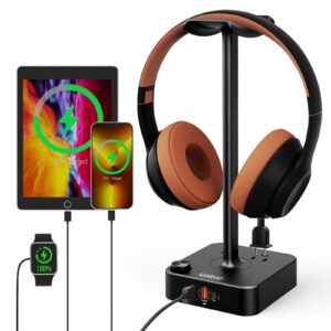 cozoo headphone stand with usb charger desktop gaming headset holder hanger with 3 usb charging station and 2 outlets power strip - suitable for gaming, dj, wireless earphone display (black)