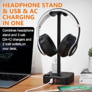 COZOO Headphone Stand with USB Charger Desktop Gaming Headset Holder Hanger with 3 USB Charging Station and 2 Outlets Power Strip - Suitable for Gaming, DJ, Wireless Earphone Display (Black)