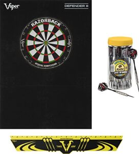 viper defender iii backboard & sisal/bristle steel tip dartboard bundle: elite set (razorback dartboard,defender iii backboard, edge throw line, 21pc jar of darts),black/yellow