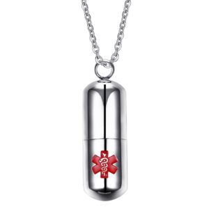 flongo fashion pill case capsule pendant necklace stainless steel mens womens, 20 inch chain, cross medicine keepsake pendant necklace (medical alert pill)