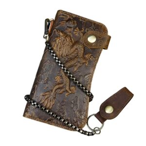 luufan men's genuine leather long wallet chain wallet card holder wallet with coin pocket (dragon)