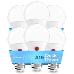 sunco lighting 6 pack a19 led bulb with dusk-to-dawn, 9w=60w 3000k warm white auto on/off photocell sensor - ul