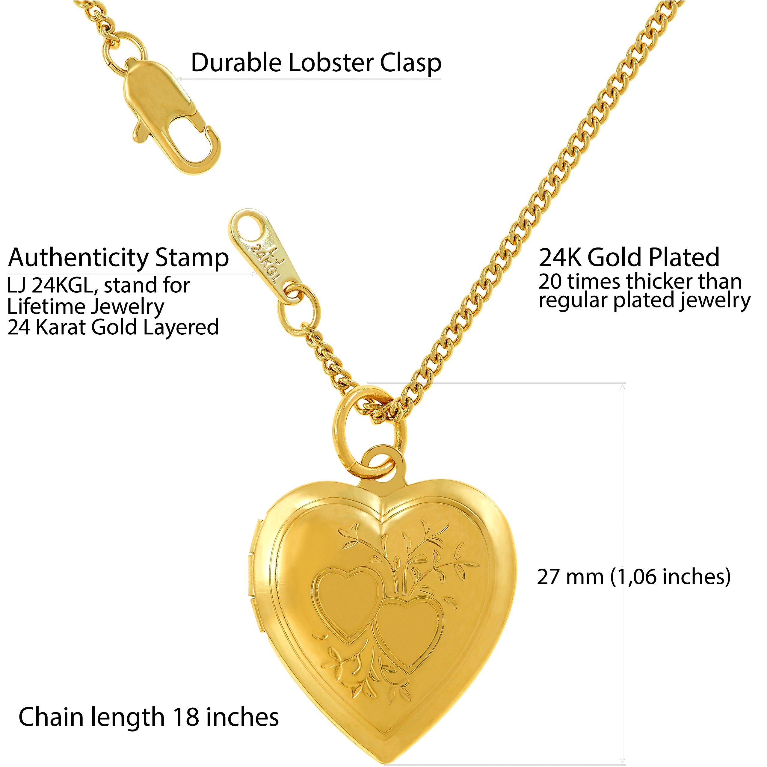 LIFETIME JEWELRY Photo Locket for Women and Girls [ Two Hearts ] - 20X More Real 24k Gold Plating Than Other Heart Locket Necklaces That Hold Pictures (Yellow Gold Pendant with 18" Chain)