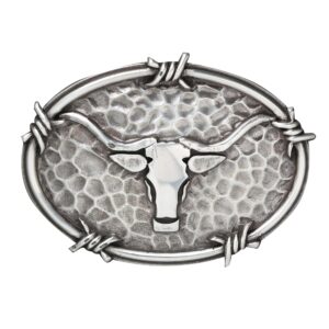 ariat men's western buckle, antique silver with steer head motif and barbwire edging, hammered oval design, 2-3/4" x 3-3/4"