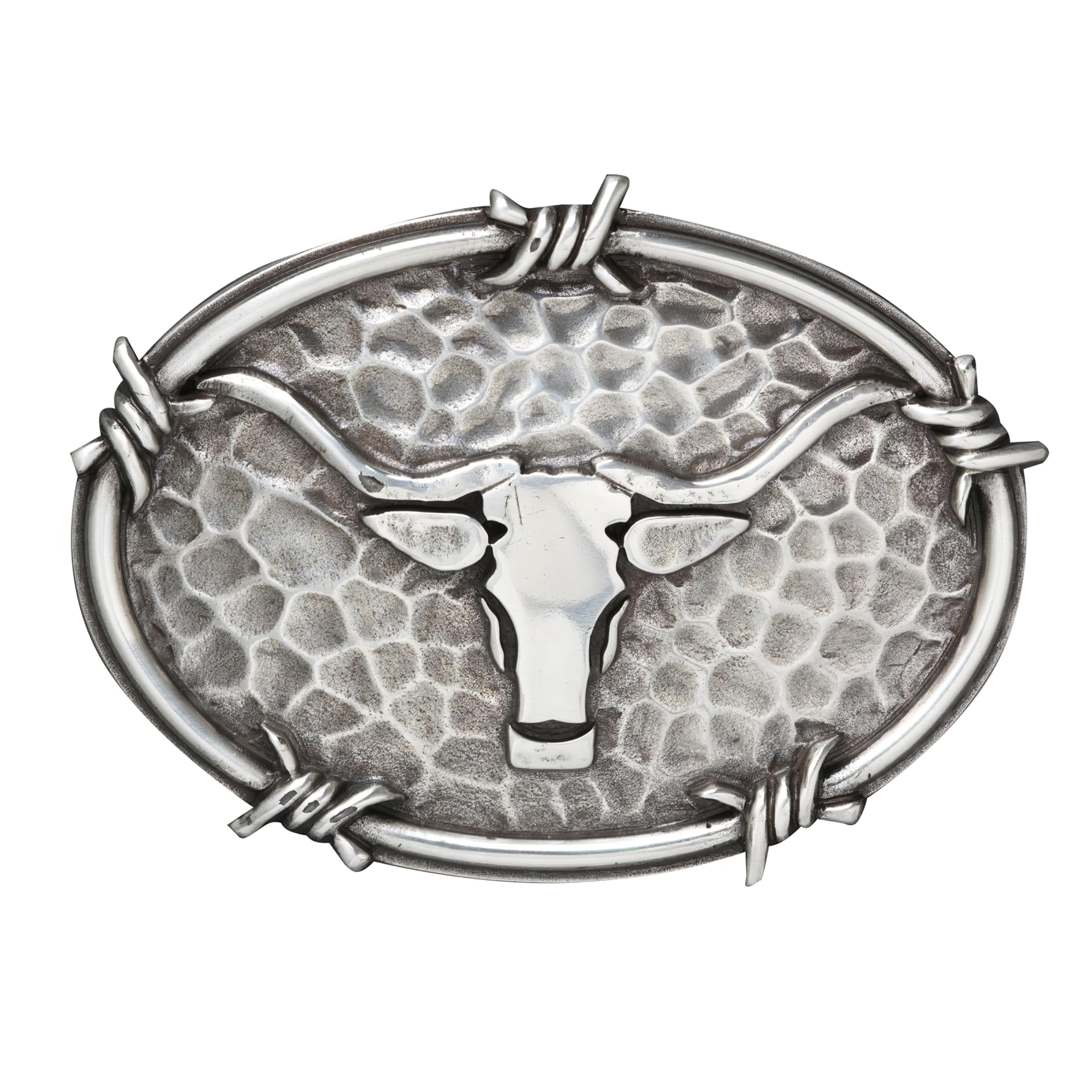 ARIAT Men's Western Buckle, Antique Silver with Steer Head Motif and Barbwire Edging, Hammered Oval Design, 2-3/4" X 3-3/4"