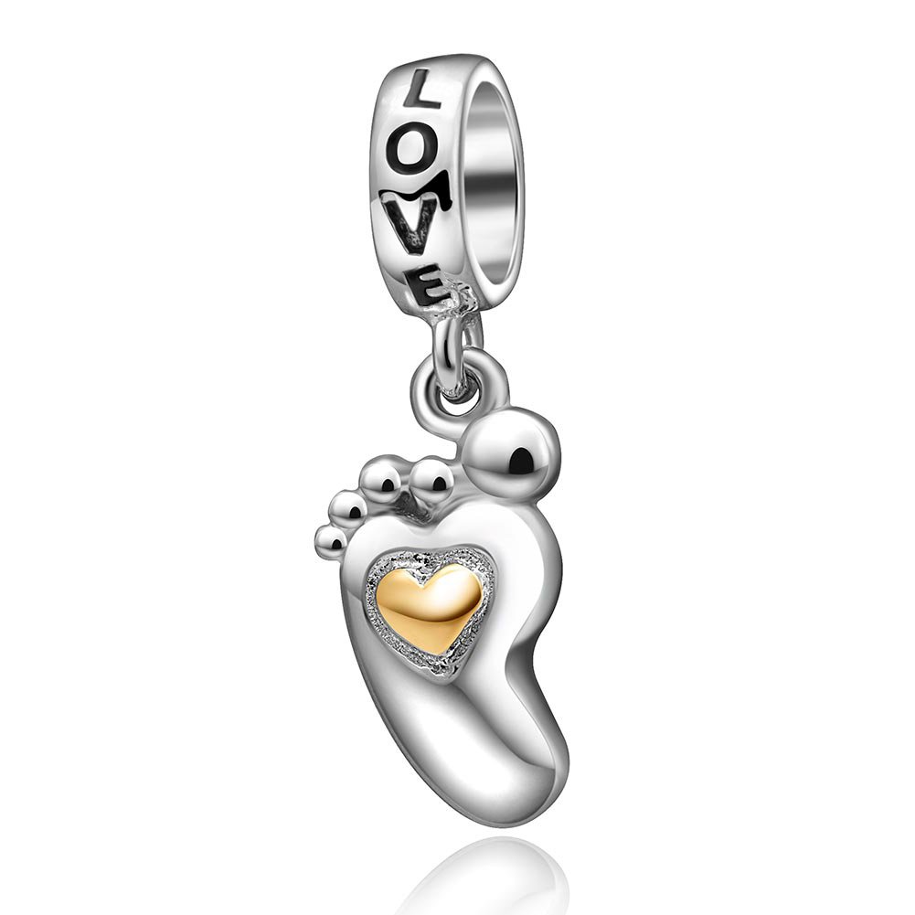 Baby Feet Dangle 925 Sterling Silver Charm Heart & Love Charm fit DIY Bracelet & Necklace