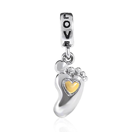 Baby Feet Dangle 925 Sterling Silver Charm Heart & Love Charm fit DIY Bracelet & Necklace