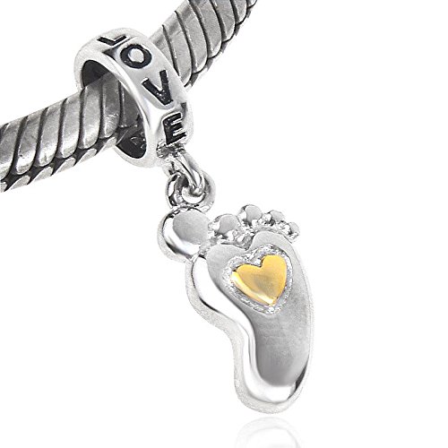 Baby Feet Dangle 925 Sterling Silver Charm Heart & Love Charm fit DIY Bracelet & Necklace