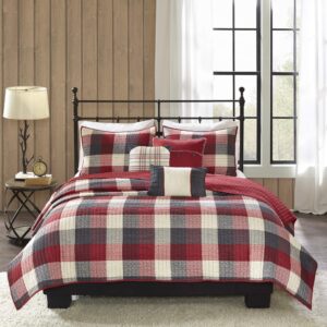 madison park reversible quilt cabin lifestyle plaid design - all season, breathable coverlet bedspread bedding set, matching shams, full/queen(90"x90"), red 6 piece