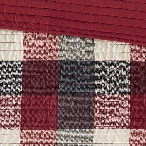 Madison Park Reversible Quilt Cabin Lifestyle Plaid Design - All Season, Breathable Coverlet Bedspread Bedding Set, Matching Shams, Full/Queen(90"x90"), Red 6 Piece