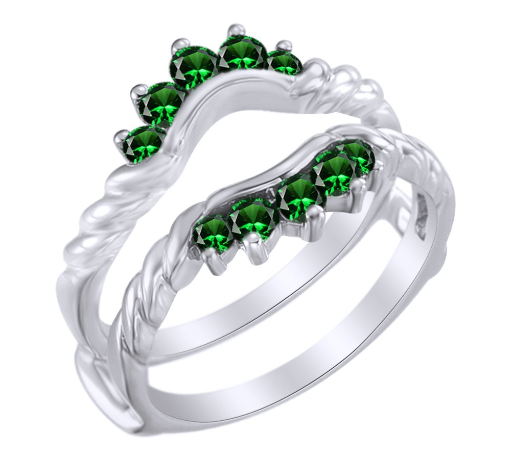 AFFY Simulated Green Emerald Enhancer Guard Ring in 14k White Gold Ring Size - 8