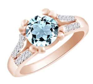 affy 1.45 cttw simulated blue aquamarine & white natural diamond split shank engagement wedding ring in 14k solid rose gold with, ring size 7