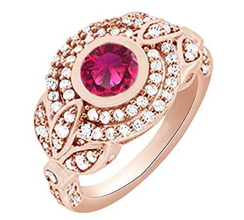 AFFY 2.4 cttw Simulated Pink Sapphire & White Natural Diamond Double Halo Engagement Wedding Ring in 14K Solid Rose Gold with, Ring Size 6.5