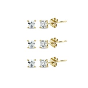 3-pair set yellow gold flashed sterling silver cubic zirconia princess-cut 6mm square stud earrings