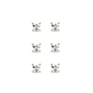 3-Pair Set Yellow Gold Flashed Sterling Silver Cubic Zirconia Princess-Cut 6mm Square Stud Earrings