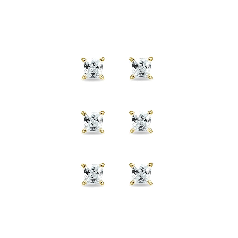 3-Pair Set Yellow Gold Flashed Sterling Silver Cubic Zirconia Princess-Cut 6mm Square Stud Earrings