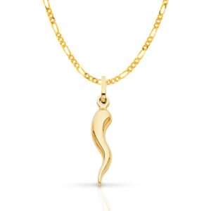 14k yellow gold cornicello italian horn necklace good luck charm pendant with 1.9mm figaro 3+1 chain - 16"