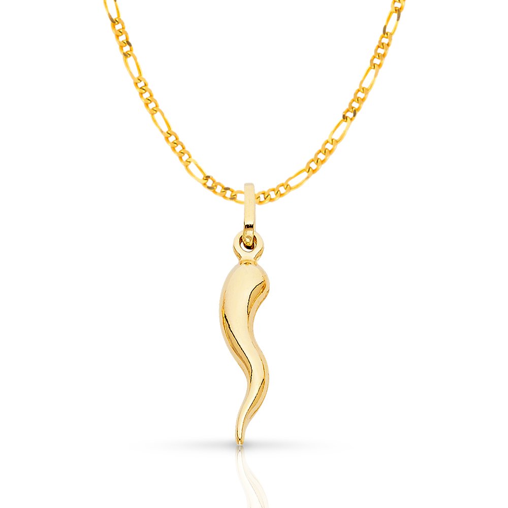 14K Yellow Gold Cornicello Italian Horn Necklace Good Luck Charm Pendant with 1.9mm Figaro 3+1 Chain Necklace - 22"