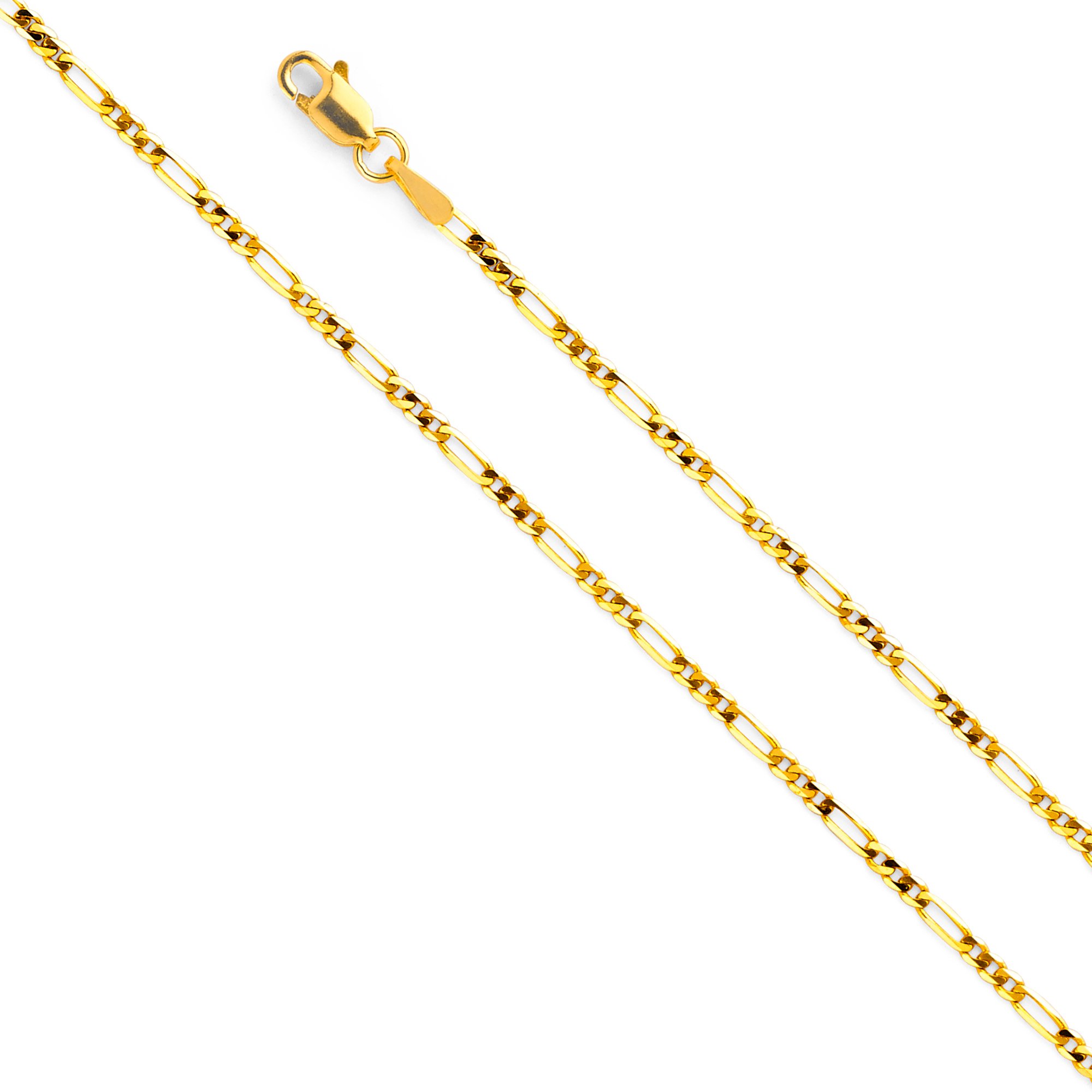 14K Yellow Gold Cornicello Italian Horn Necklace Good Luck Charm Pendant with 1.9mm Figaro 3+1 Chain Necklace - 22"