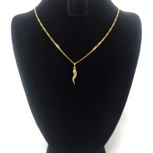 14K Yellow Gold Cornicello Italian Horn Necklace Good Luck Charm Pendant with 1.9mm Figaro 3+1 Chain Necklace - 22"