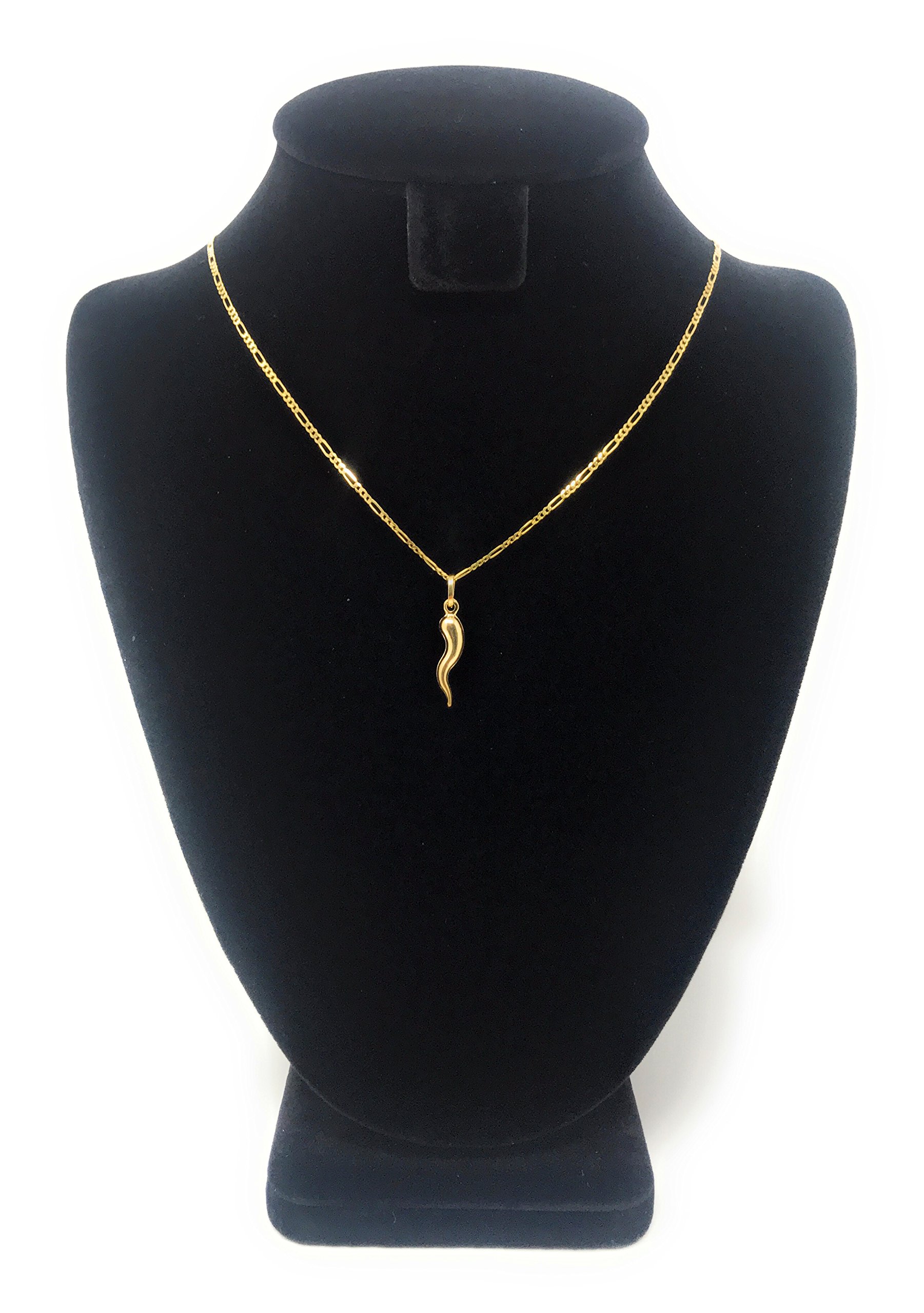 14K Yellow Gold Cornicello Italian Horn Necklace Good Luck Charm Pendant with 1.9mm Figaro 3+1 Chain Necklace - 22"