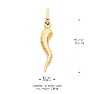 14K Yellow Gold Cornicello Italian Horn Necklace Good Luck Charm Pendant with 1.9mm Figaro 3+1 Chain Necklace - 22"