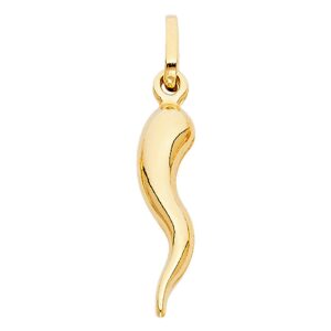 14K Yellow Gold Cornicello Italian Horn Necklace Good Luck Charm Pendant with 1.9mm Figaro 3+1 Chain Necklace - 22"